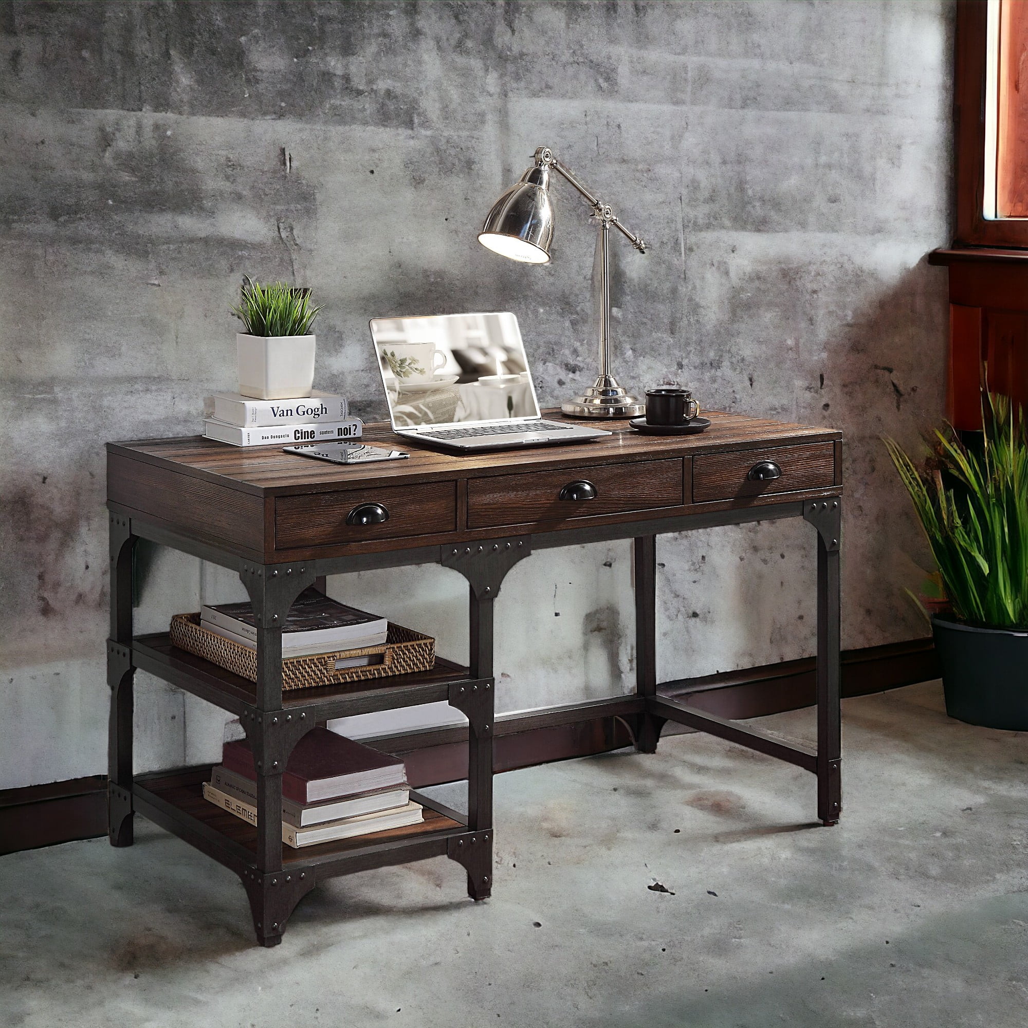 Espresso Oak and Antique Black 3-Drawer Writing Desk,Espresso Wood ...