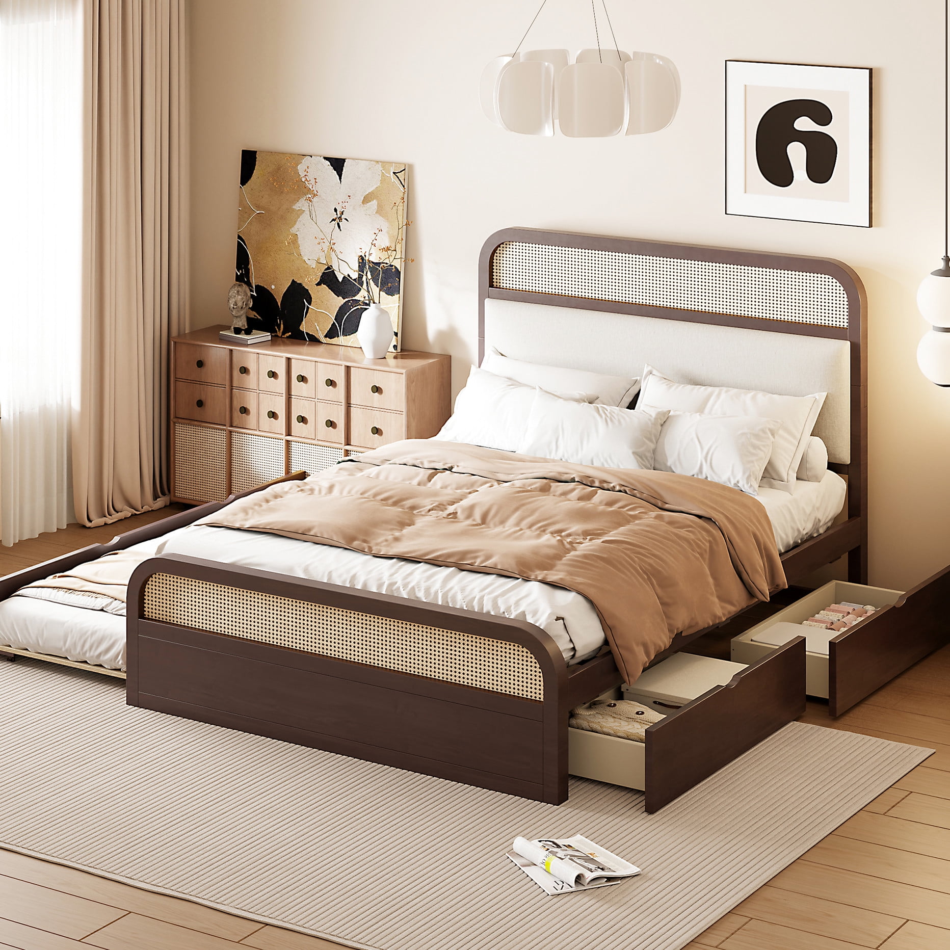 Espresso Queen Platform Bed with Trundle and Drawers / Rattan Accents ...
