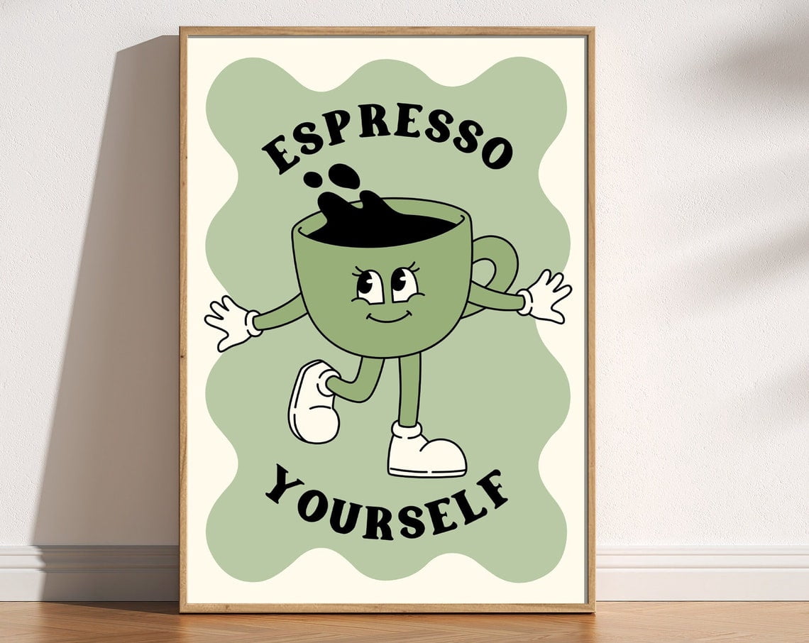 Espresso Yourself Retro Kitchen Print, Cute Retro Character Poster ...