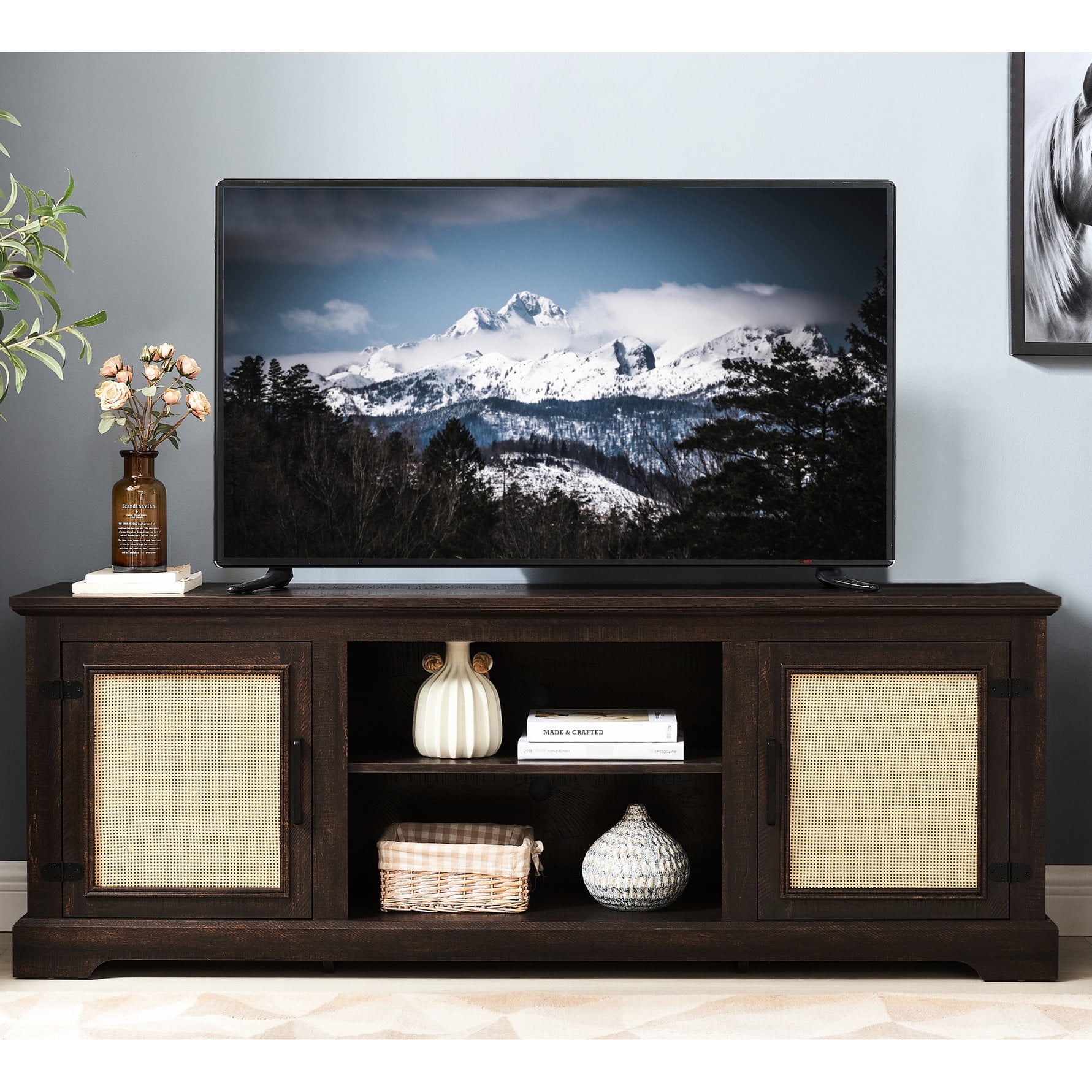 Espresso TV Console with Natural Rattan | Fits TVs up to 70 Inches, Entertainment Storage | MDF ...