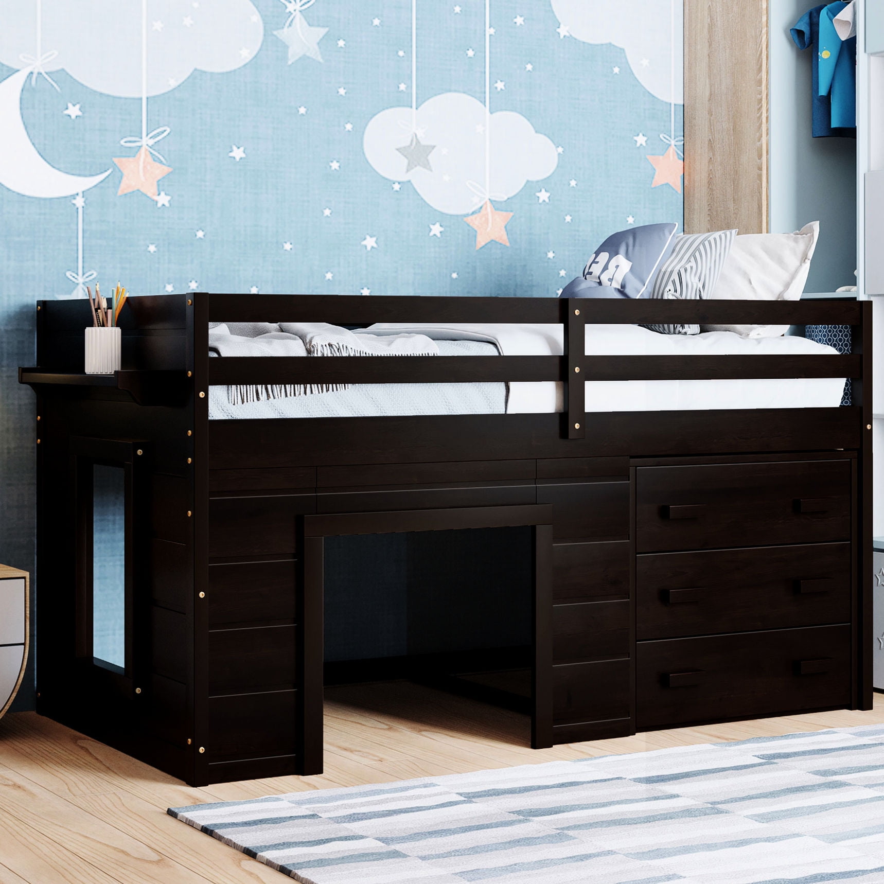 Espresso Twin Loft Bed with Storage Shelf and Cabinet | Versatile ...