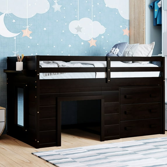 Espresso Twin Loft Bed with Storage Shelf and Cabinet | Versatile ...