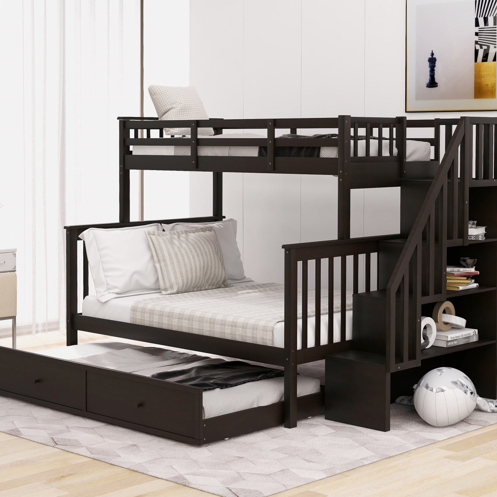 Espresso Twin-Over-Full Bunk Bed with Guard Rail / Designed for Family ...