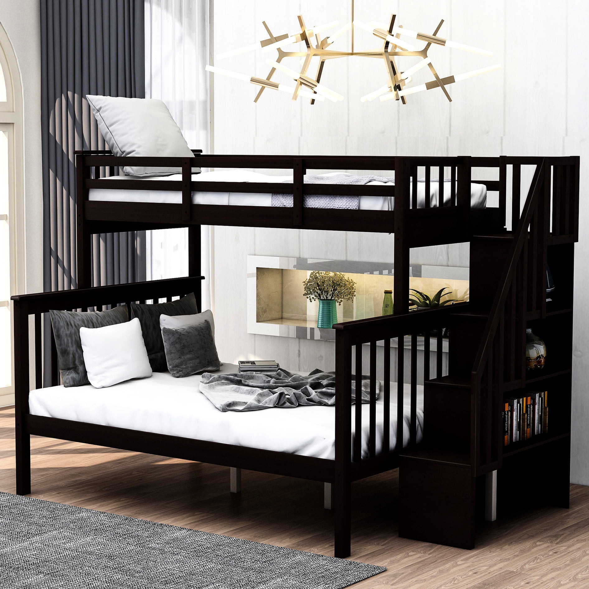 Espresso Twin-Over-Full Stairway Bunk Bed with Storage & Guard Rail ...