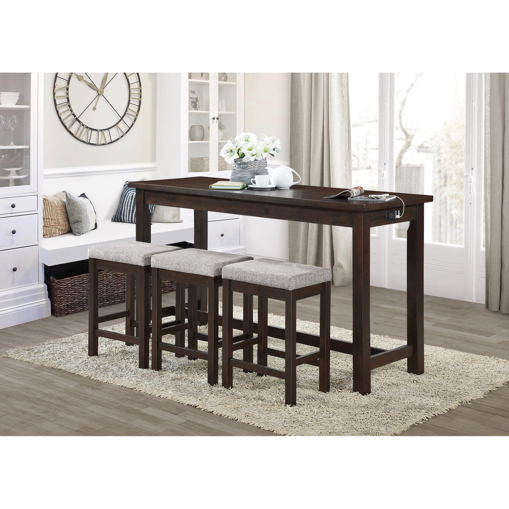 Espresso Wood 4 - piece Set / Counter Height Table with USB and 3 ...