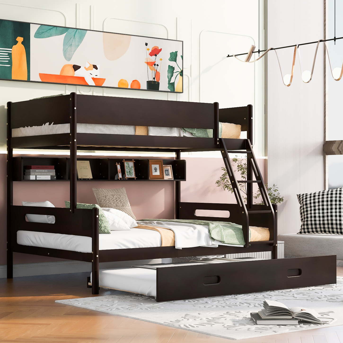 Espresso Wood Twin over Full Bunk Bed with Trundle and Shelves, Space ...