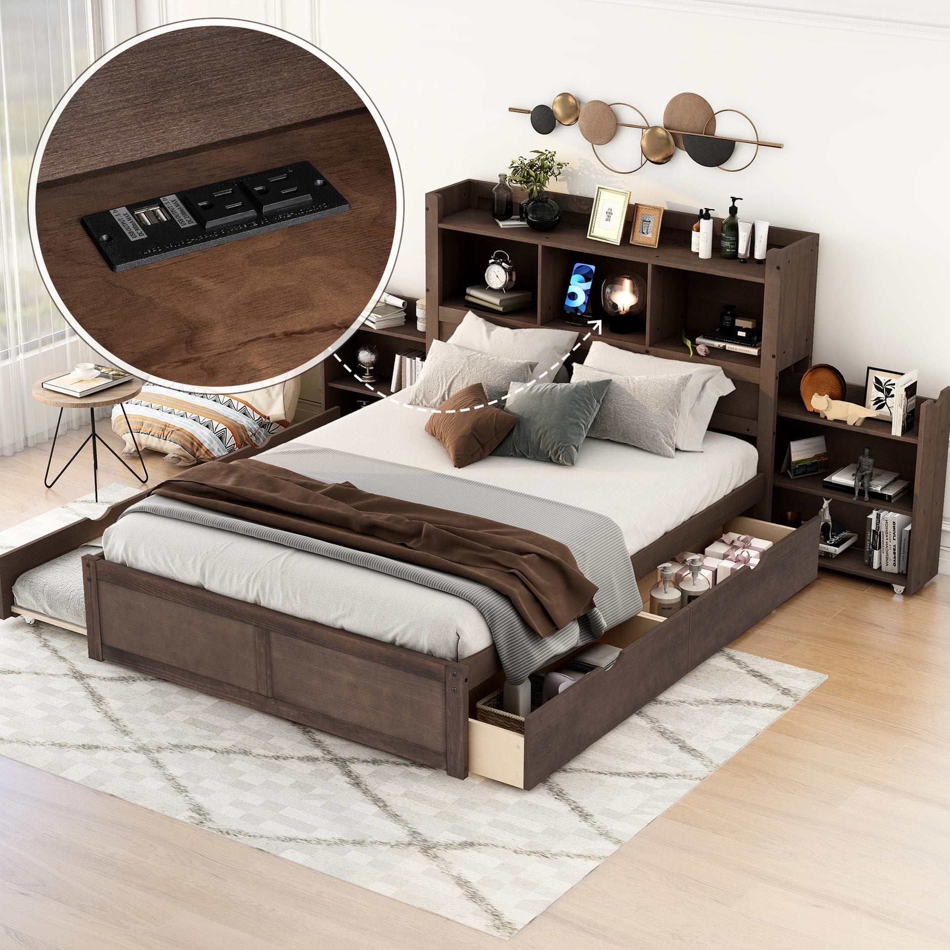 Espresso colored full size storage platform bed with trundle and ...