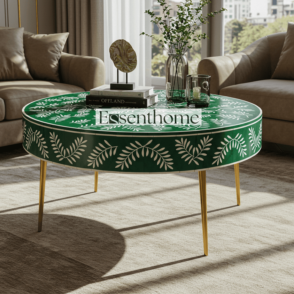 Essenthome Green Bone Inlay Round Coffee Table – Handmade Floral Accent ...
