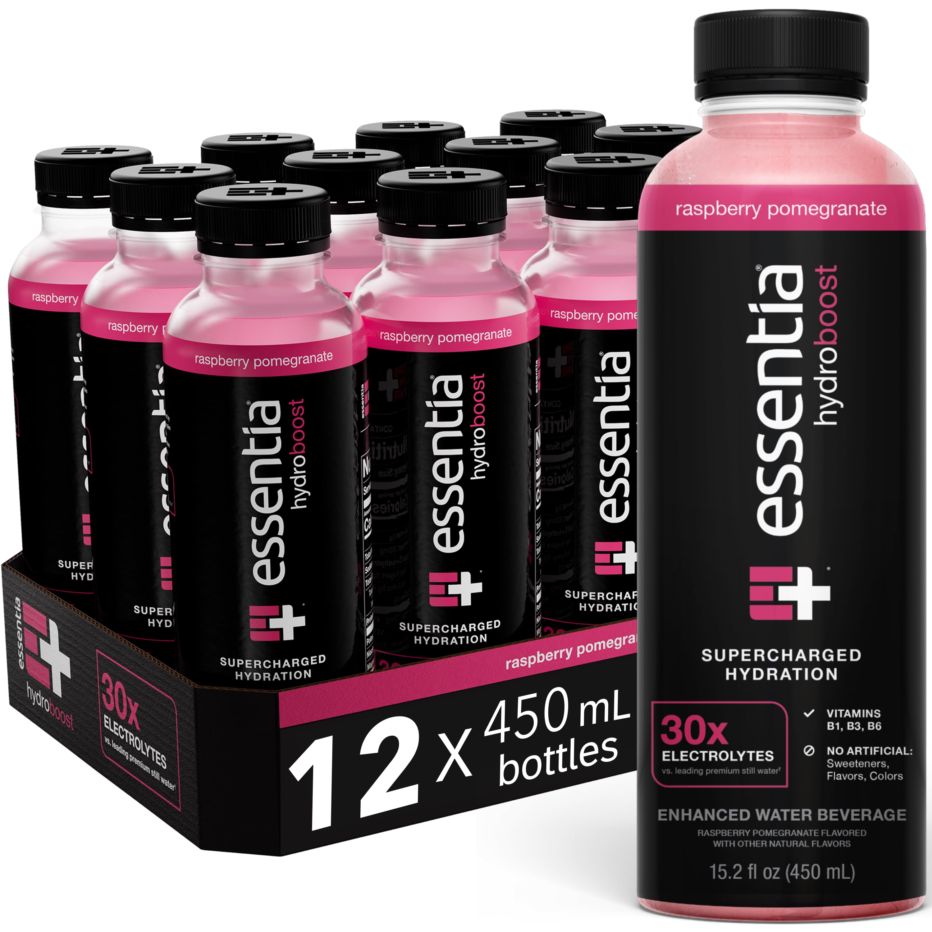 Essentia Hydroboost Enhanced Bottled Water, Raspberry Pomegranate, 450 ...