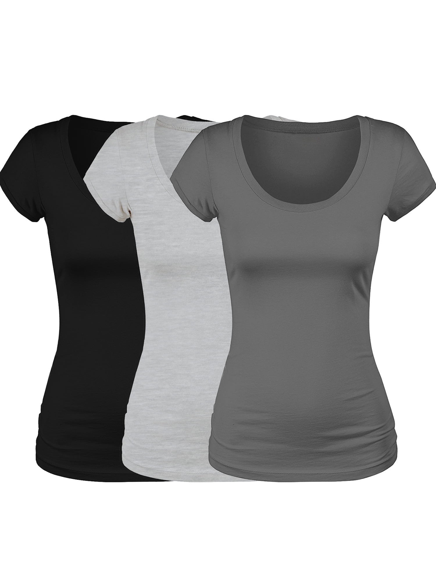 Essential Basic Scoop Neck Short Sleeve Basic Tee - 3 Pack - Blk, Chc ...