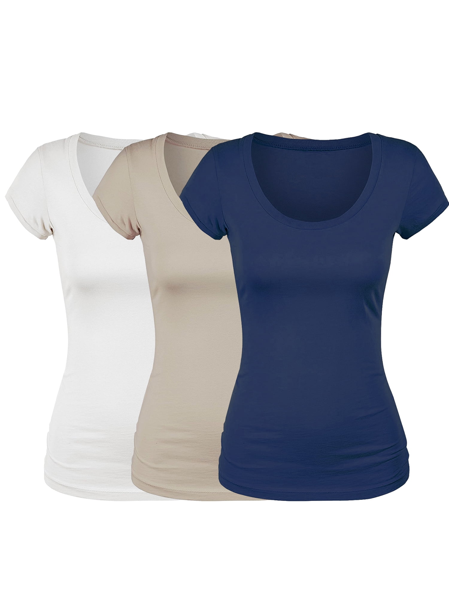 Essential Basic Scoop Neck Short Sleeve Basic Tee - 3 Pack - Whit, Navy ...