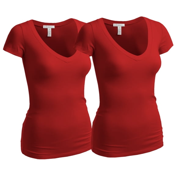 Essential Basic Women's Plain Short Sleeve V Neck T Shirts - 2Pk - Red ...