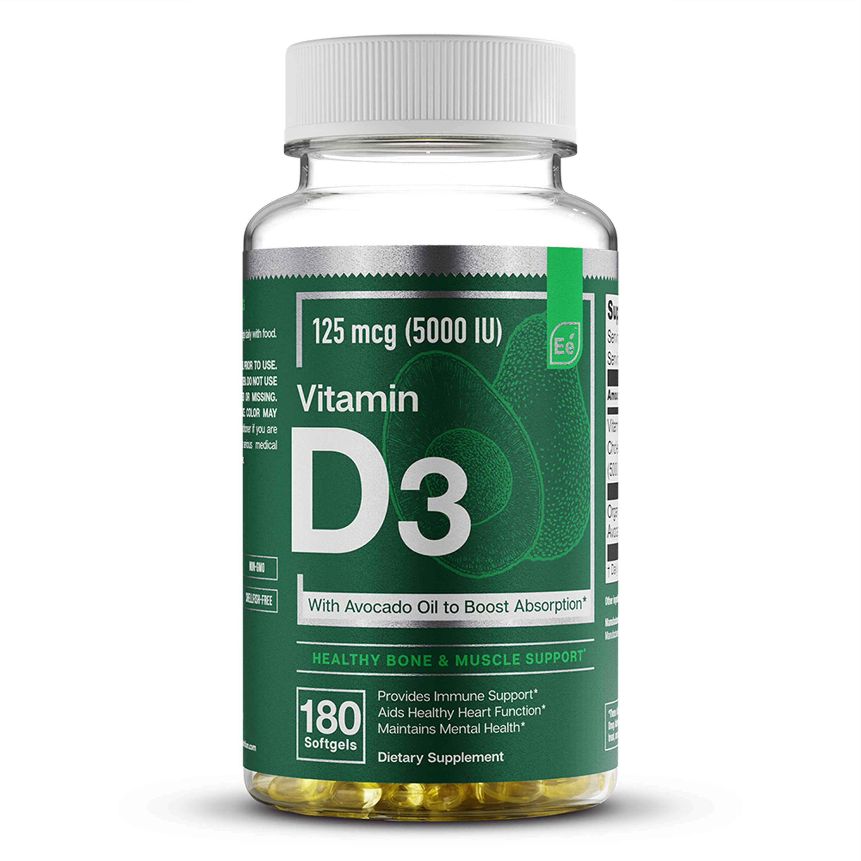 Essential Elements Vitamin D3 5000 IU Softgels with Avocado Oil to ...
