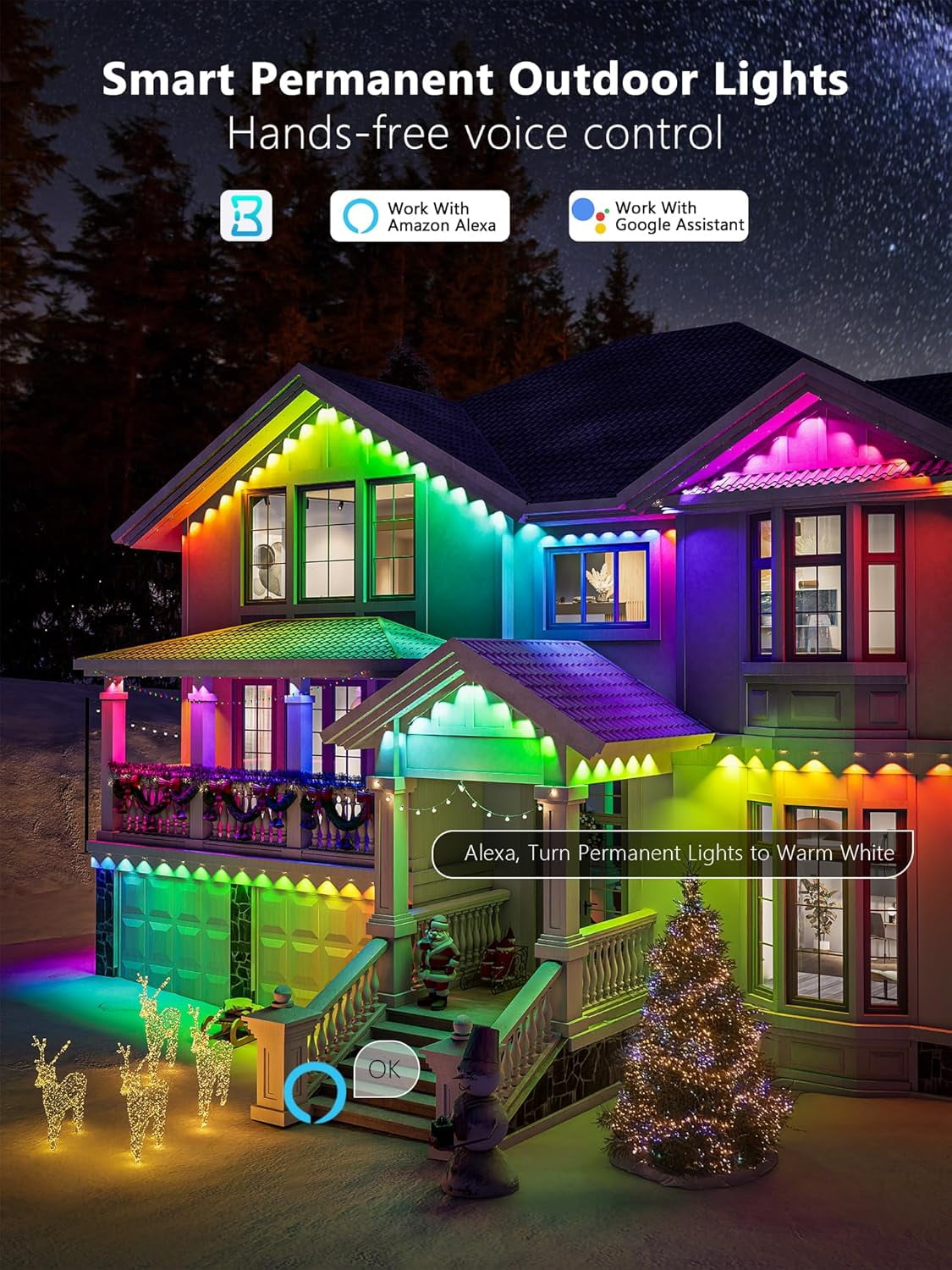 Essential Permanent Outdoor Lights, 100ft 60 LED RGB Smart Christmas ...