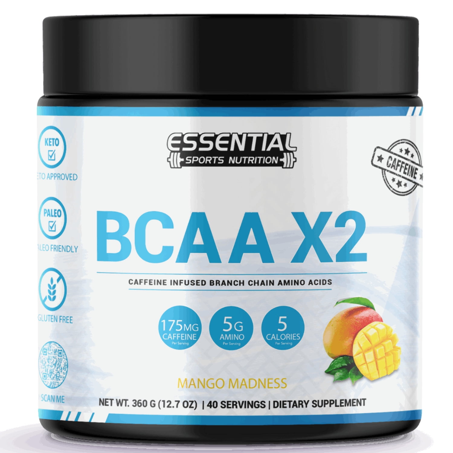 Essential Sports Nutrition BCAAs with 175mg Caffeine | 40 Serving | Keto-Approved, Non-GMO ...