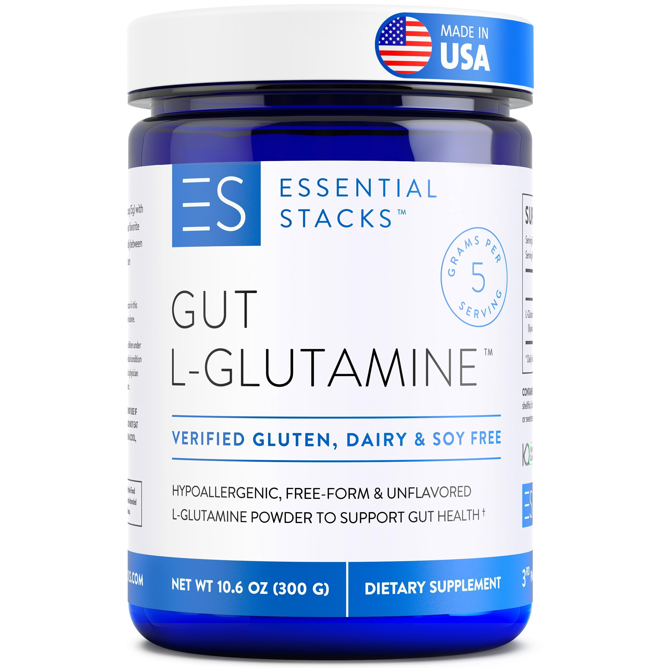 Essential Stacks Gut L-Glutamine Powder - Made in USA - Pure L Glutamine Powder for Leaky Gut ...