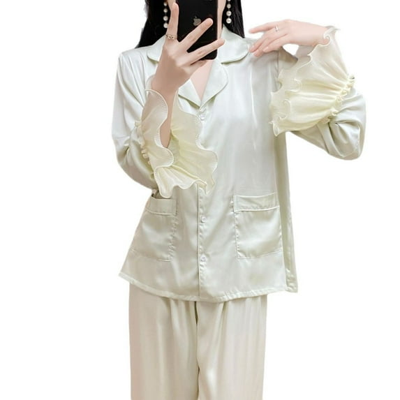 Essential! Women's Spring Luxury Pajamas, Shimmering Satin with Ruffled ...