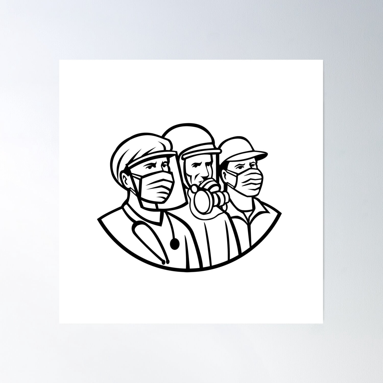 Essential Workers Wearing Mask As Heroes Black And White Retro Poster ...