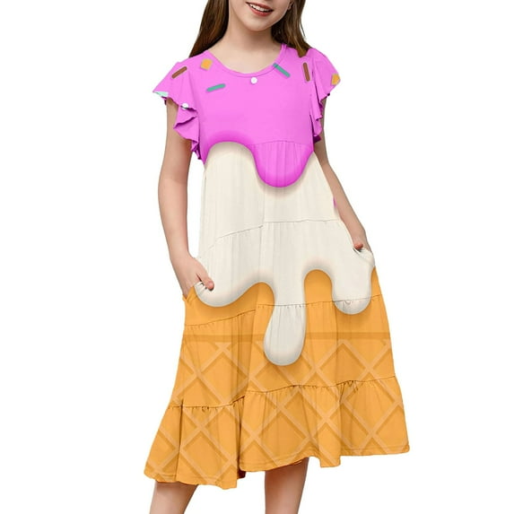 Essentials Girls Dresses 2026 Teen Fly Sleeve Prints Holiday Party ...