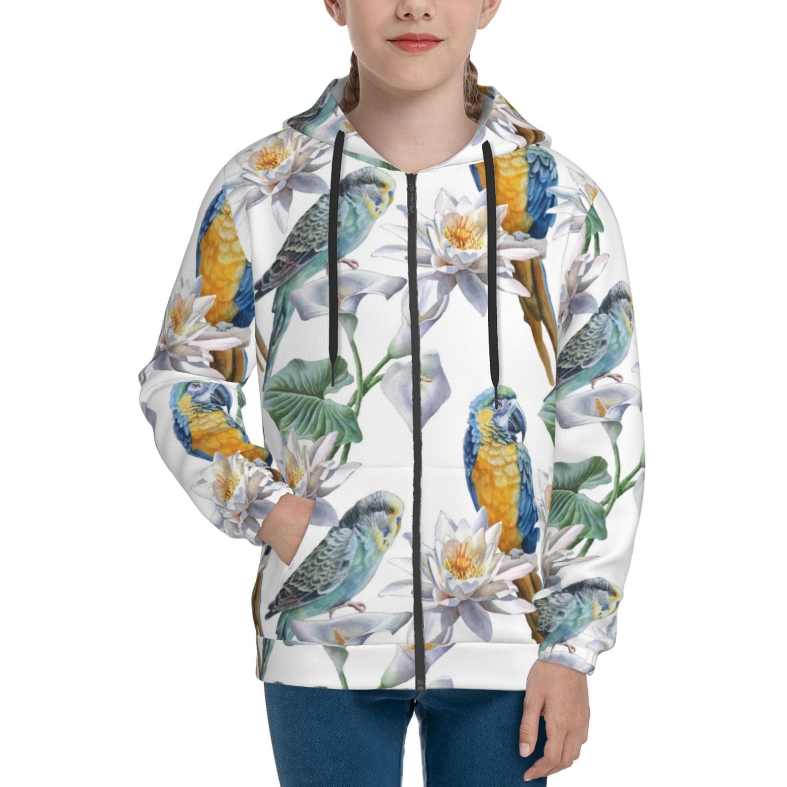 Essentials Hoodie Kids - Artistic Cute Parrot Flower Toddlers Girls ...