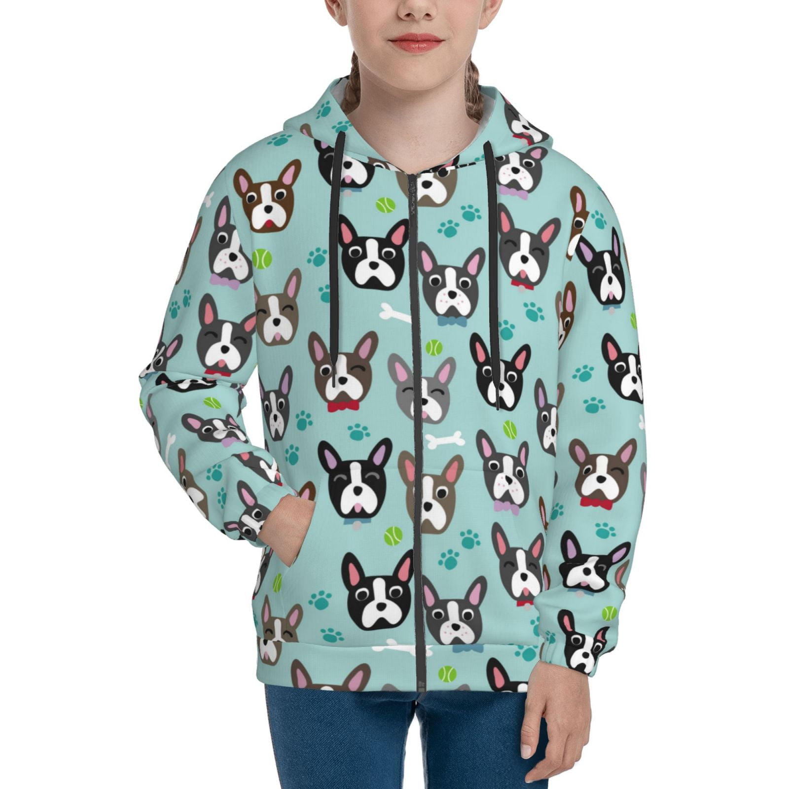 Essentials Hoodie Kids - Boston Terrier paw green cute Toddlers Girls Boys Zip Up Hoodie, Long ...