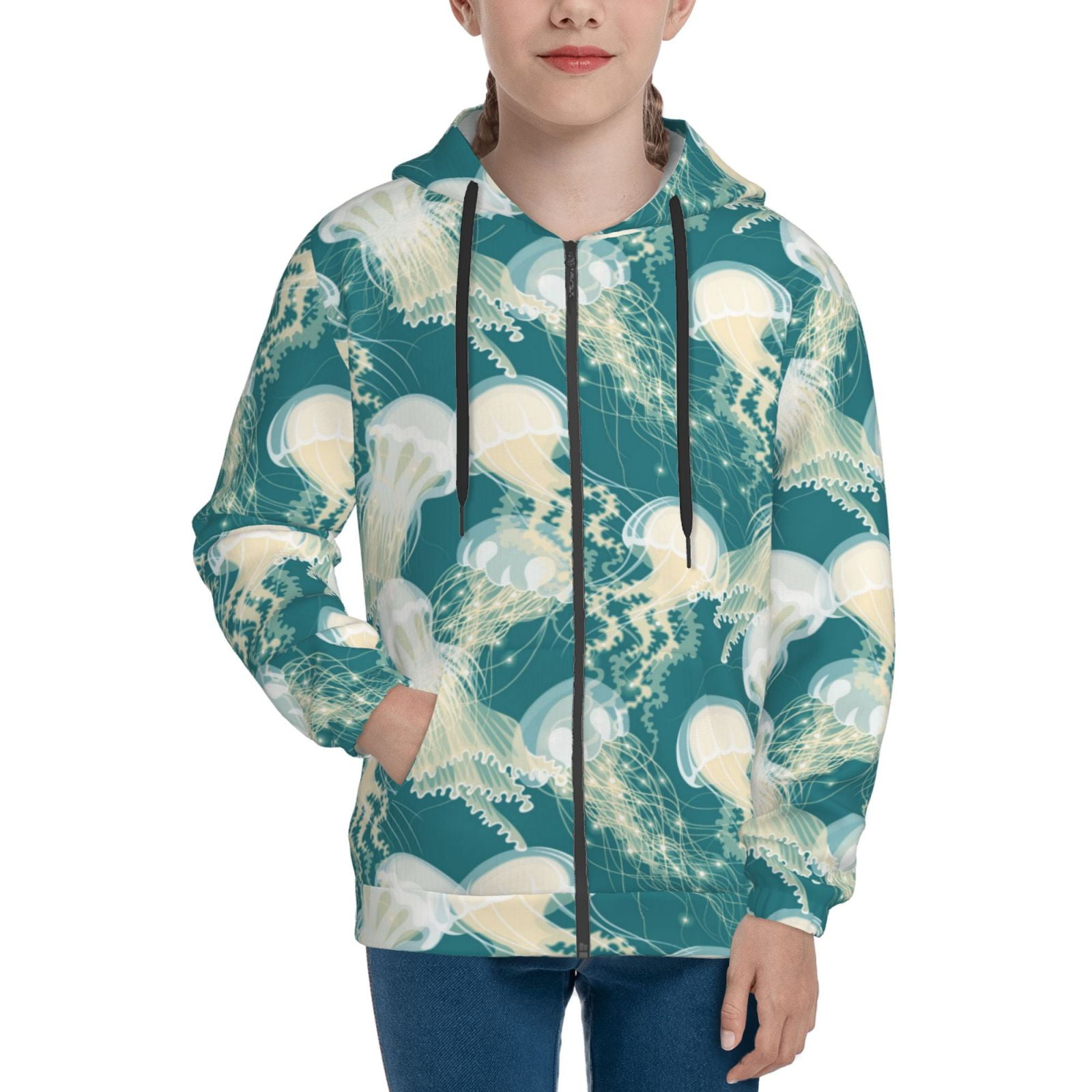 Essentials Hoodie Kids - White Jellyfish Print Green Toddlers Girls Boys Zip Up Hoodie, Long ...