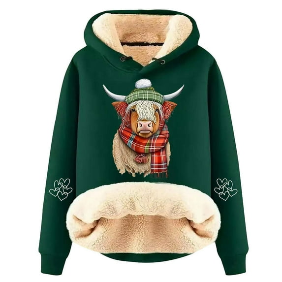 Essentials Hoodie for Women Cute Cartoon Cow Print Fleece Lined Warm ...