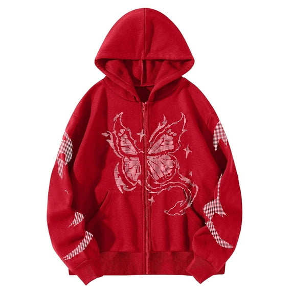 Essentials Hoodie for Women Gothic Vintage Butterfly Print Zipper Long ...