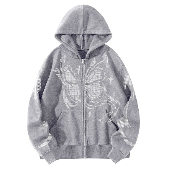 Essentials Hoodie for Women Gothic Vintage Butterfly Print Zipper Long ...