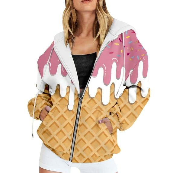 Essentials Hoodie for Women Ice Cream Color Block Zipper Long Sleeve ...