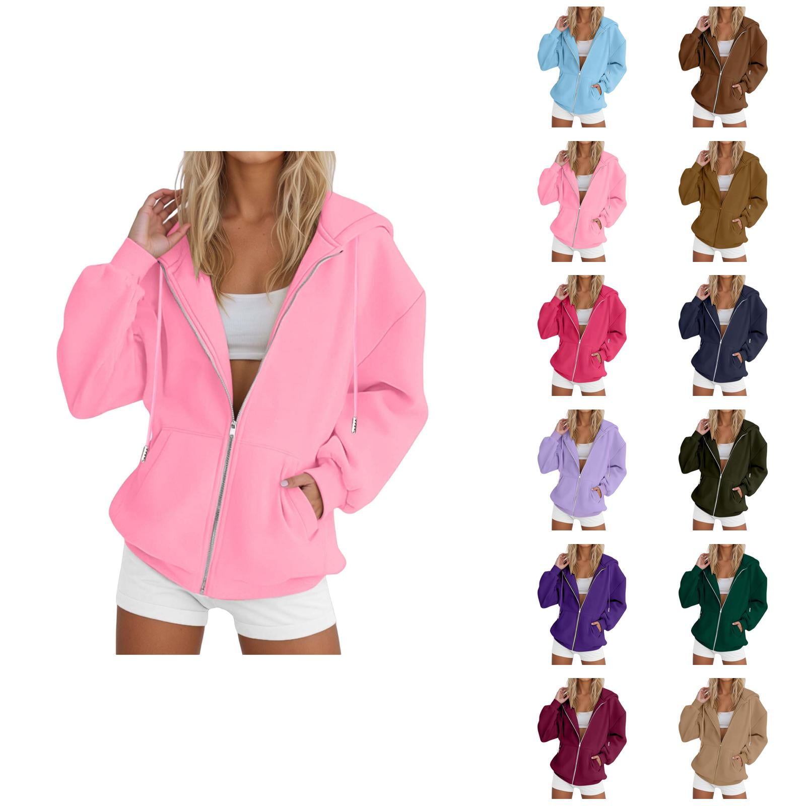 Essentials Hoodies for Women 2025 Long Sleeve Zip Up Basic Hoodie with ...