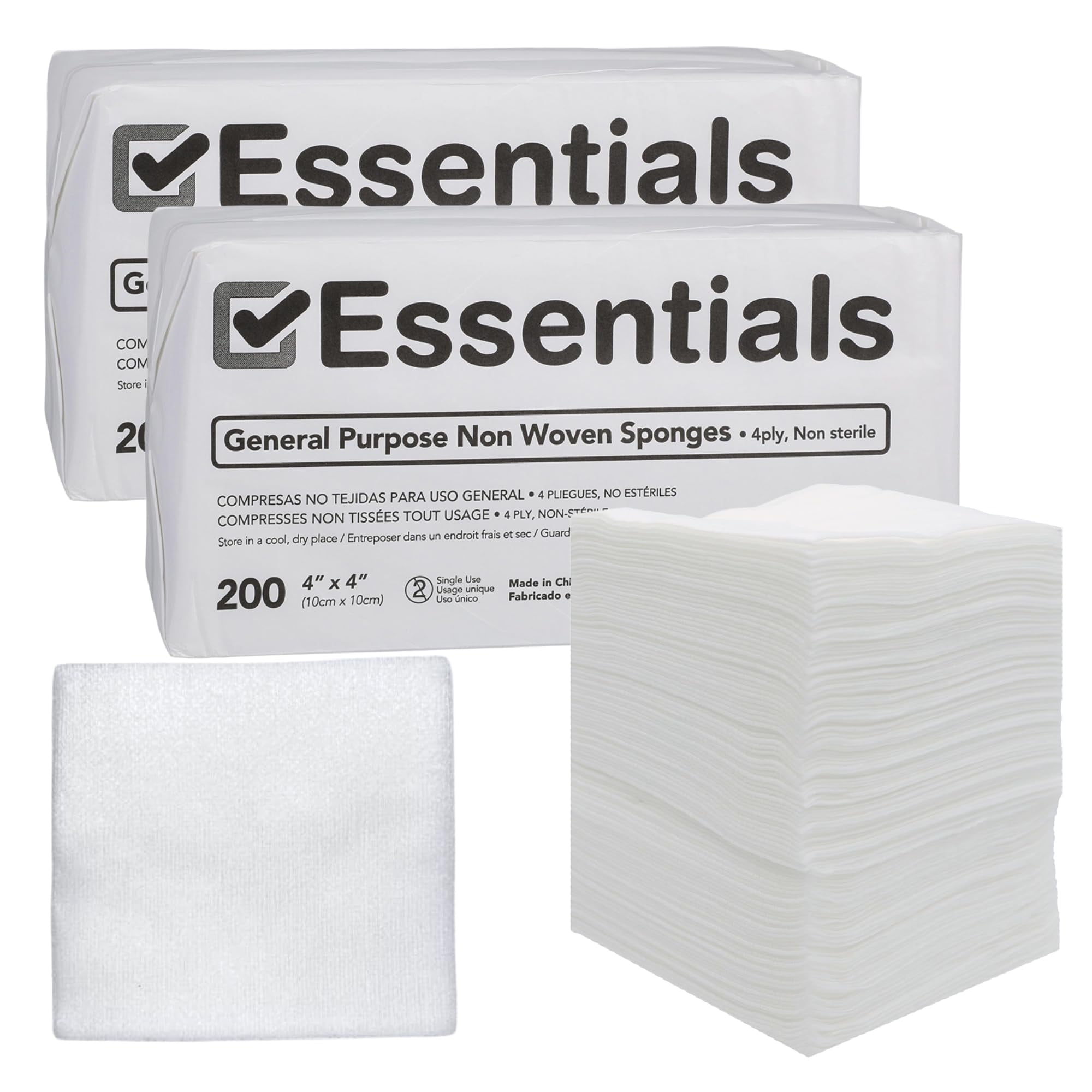 Essentials Non-Sterile Gauze Sponges – 200 Count (Pack of 2), 4-Ply, 4 ...