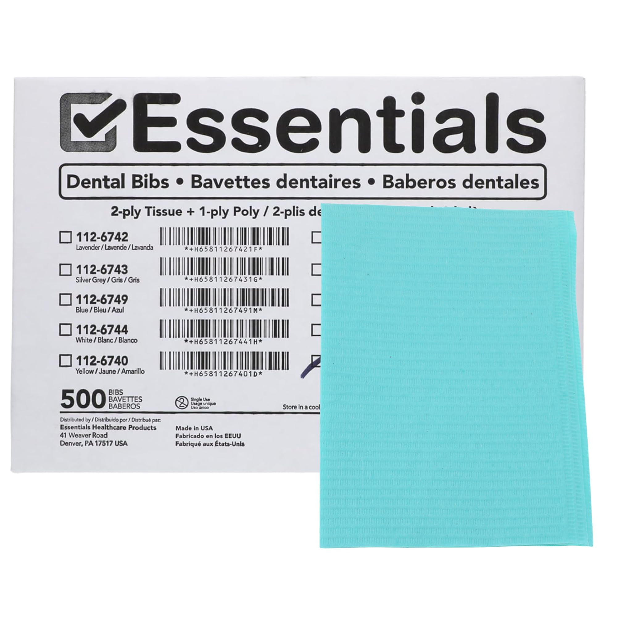 Essentials Patient Bibs – 2-Ply Tissue/Poly, 13” x 18”, 500/Case, Aqua ...