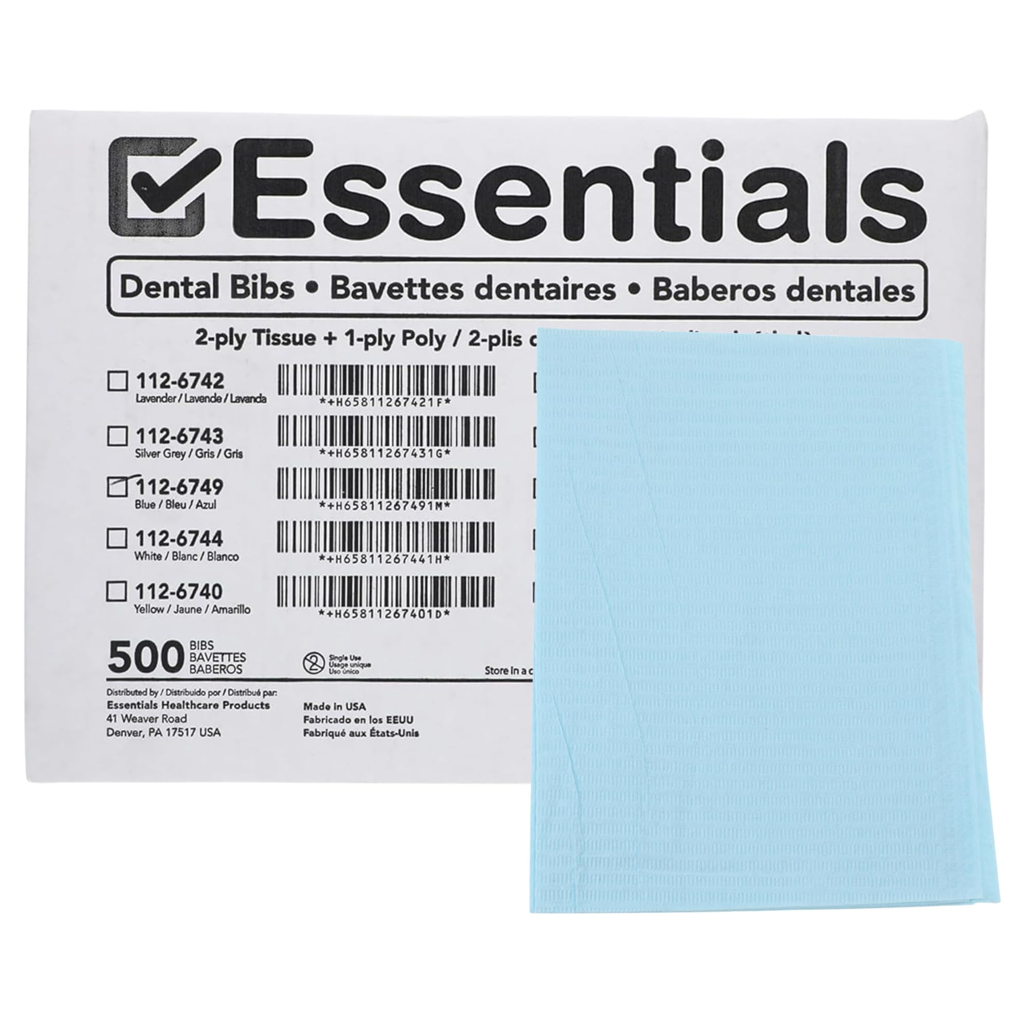 Essentials Patient Bibs – 2-Ply Tissue/Poly, 13” x 18”, 500/Case, Blue ...