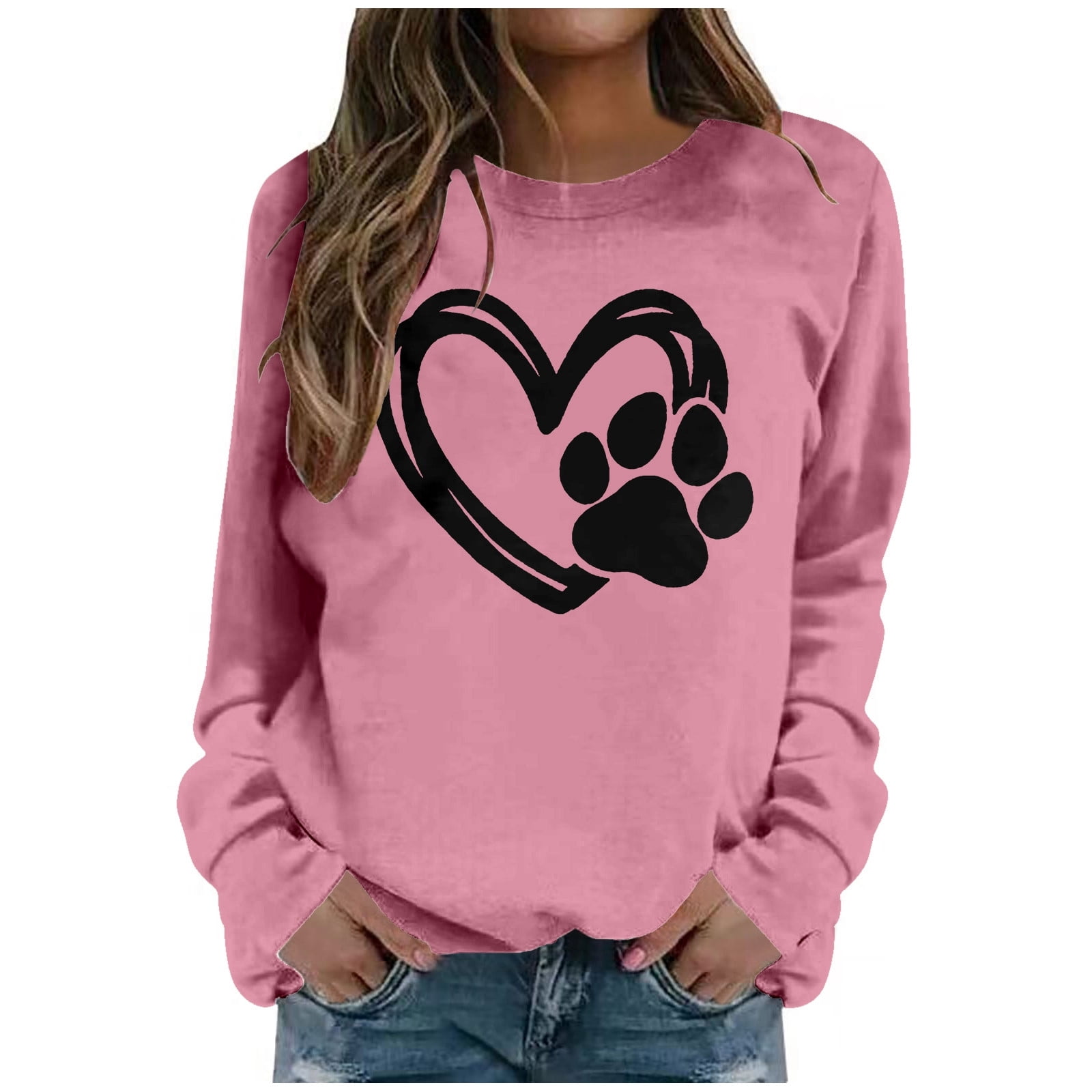 Essentials Sweatshirts for Women Dog Paw Heart Animal Print Long Sleeve ...