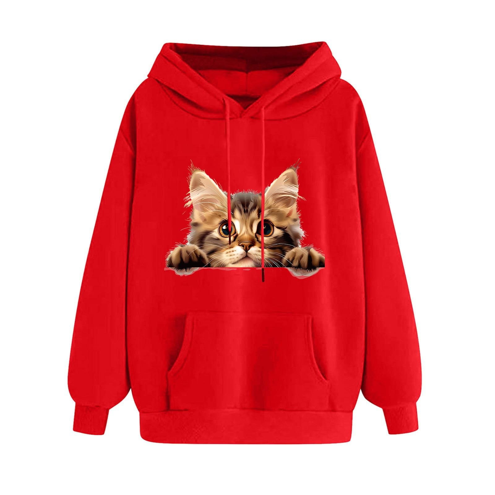 Essentials Women's Hoodie Cute Cartoon Cat Graphic Print Long Sleeve ...
