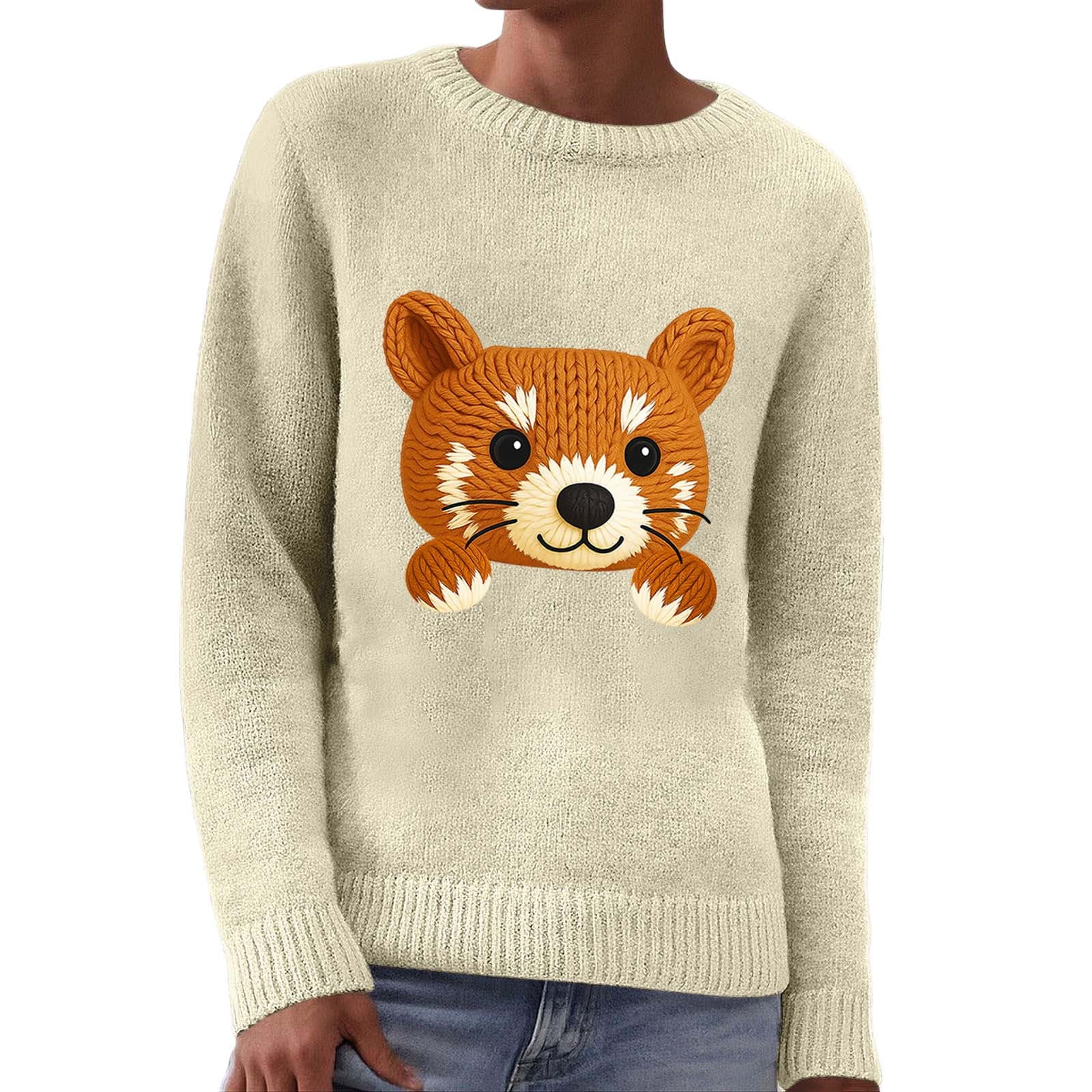 Essentials Women's Sweater Chunky Knit Cute Animal Print Long Sleeve ...