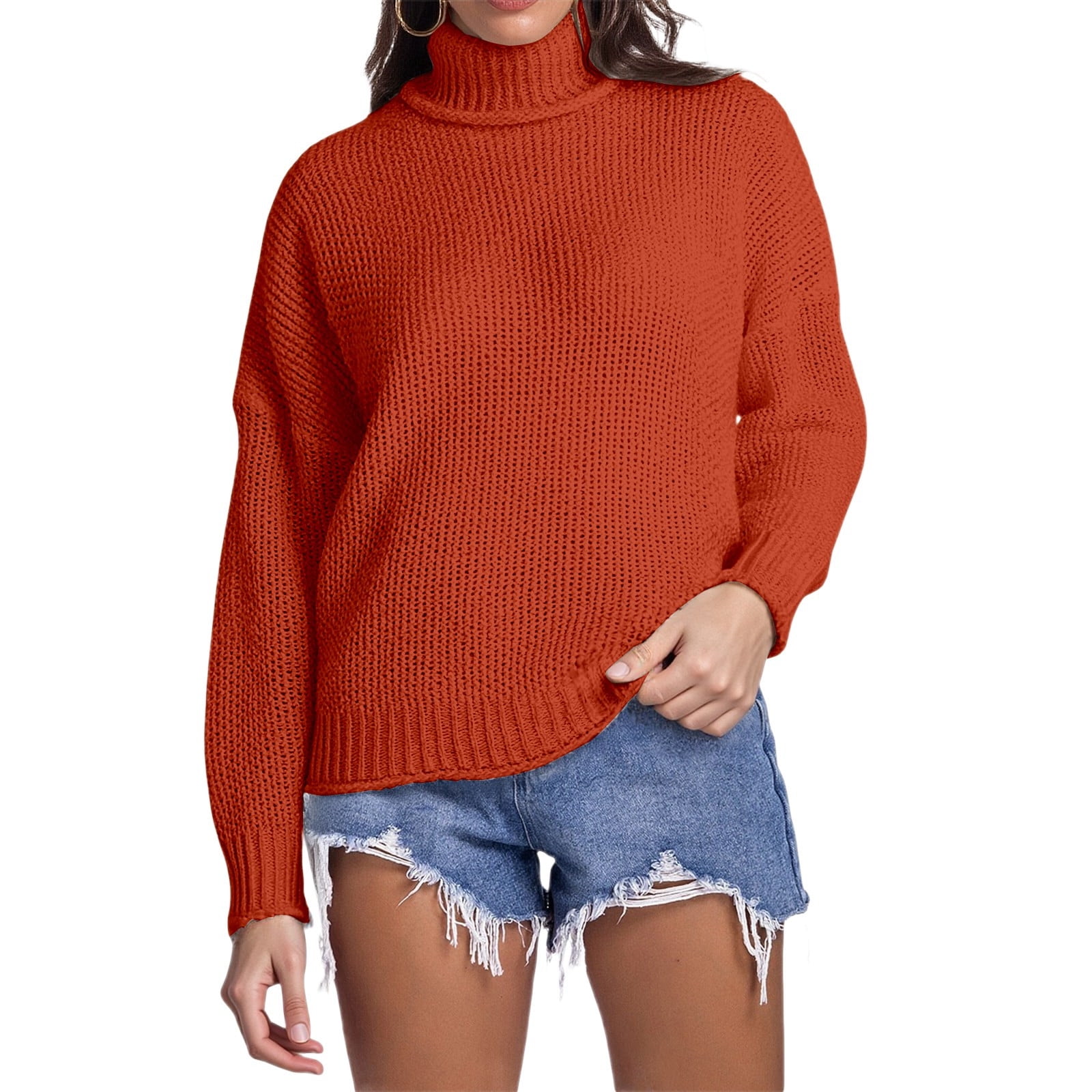Essentials Women's Sweater Ribbed Knitted Long Sleeve Turtleneck Solid ...