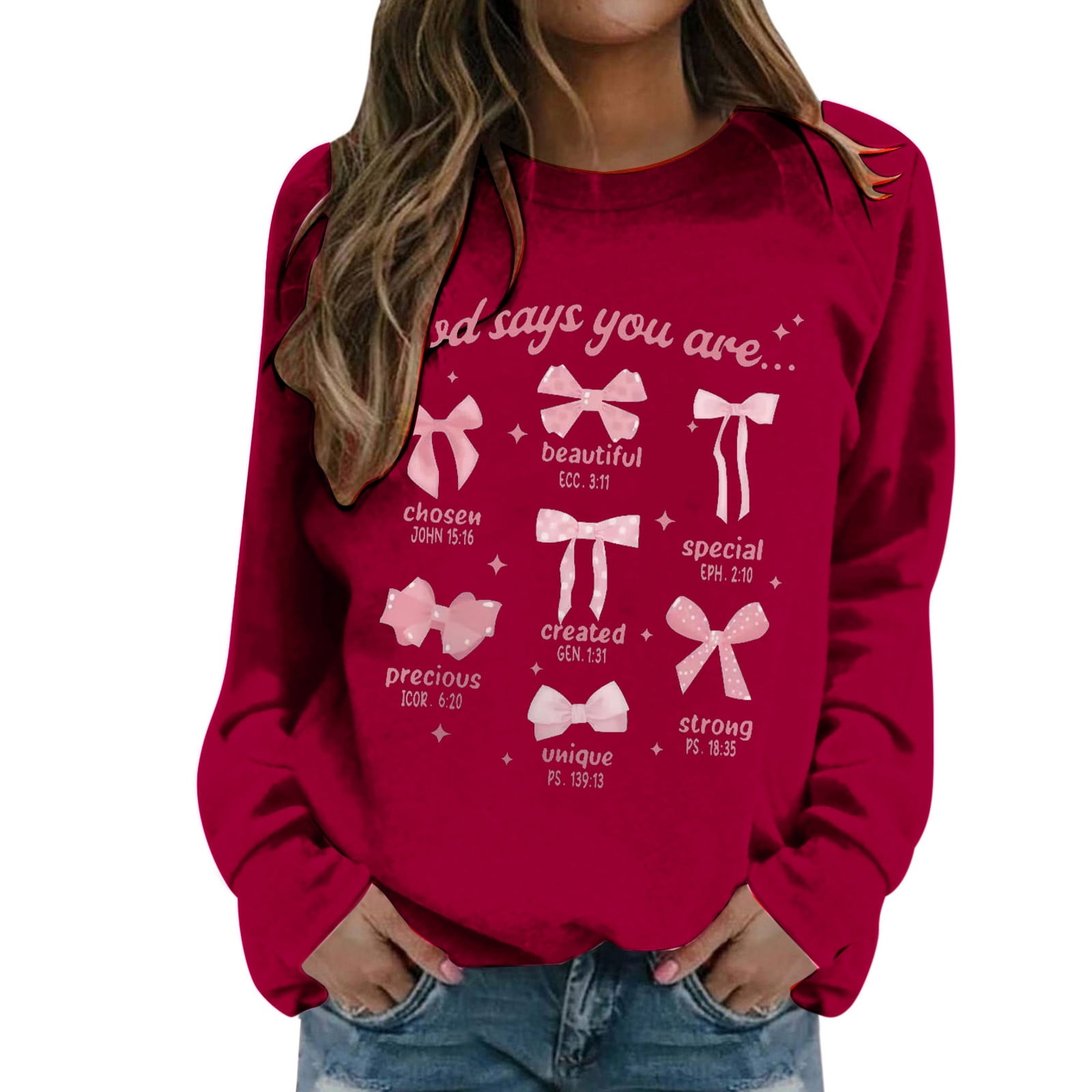 Essentials Women's Sweatshirts Cute Sweet Letter Bow Print Long Sleeve ...