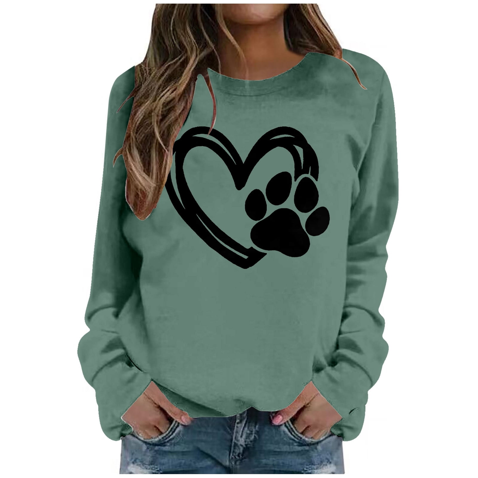 Essentials Women's Sweatshirts Dog Paw Heart Animal Print Long Sleeve ...
