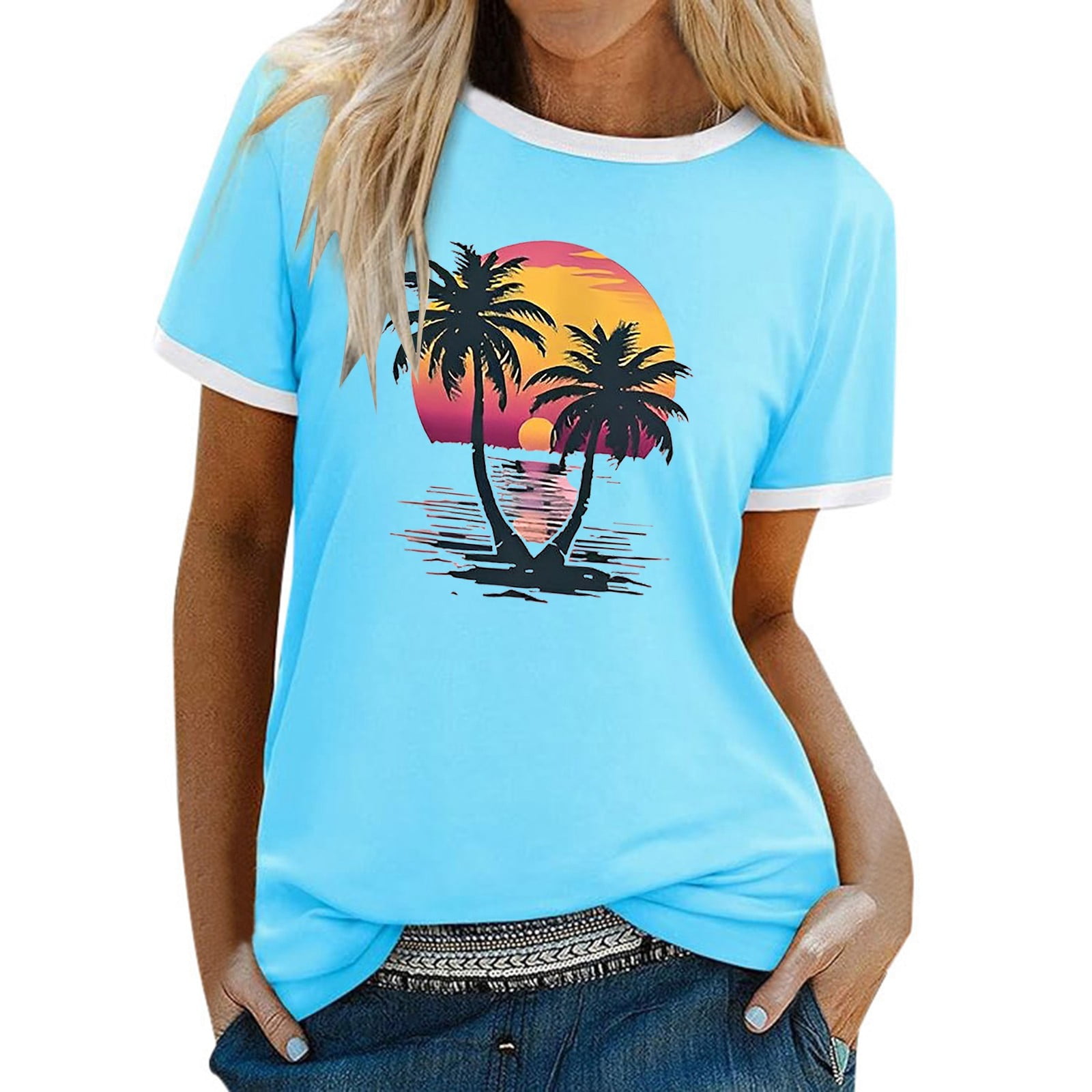 Essentials Womens Tees Tops Basic Shirts Color Block Graphic Short ...