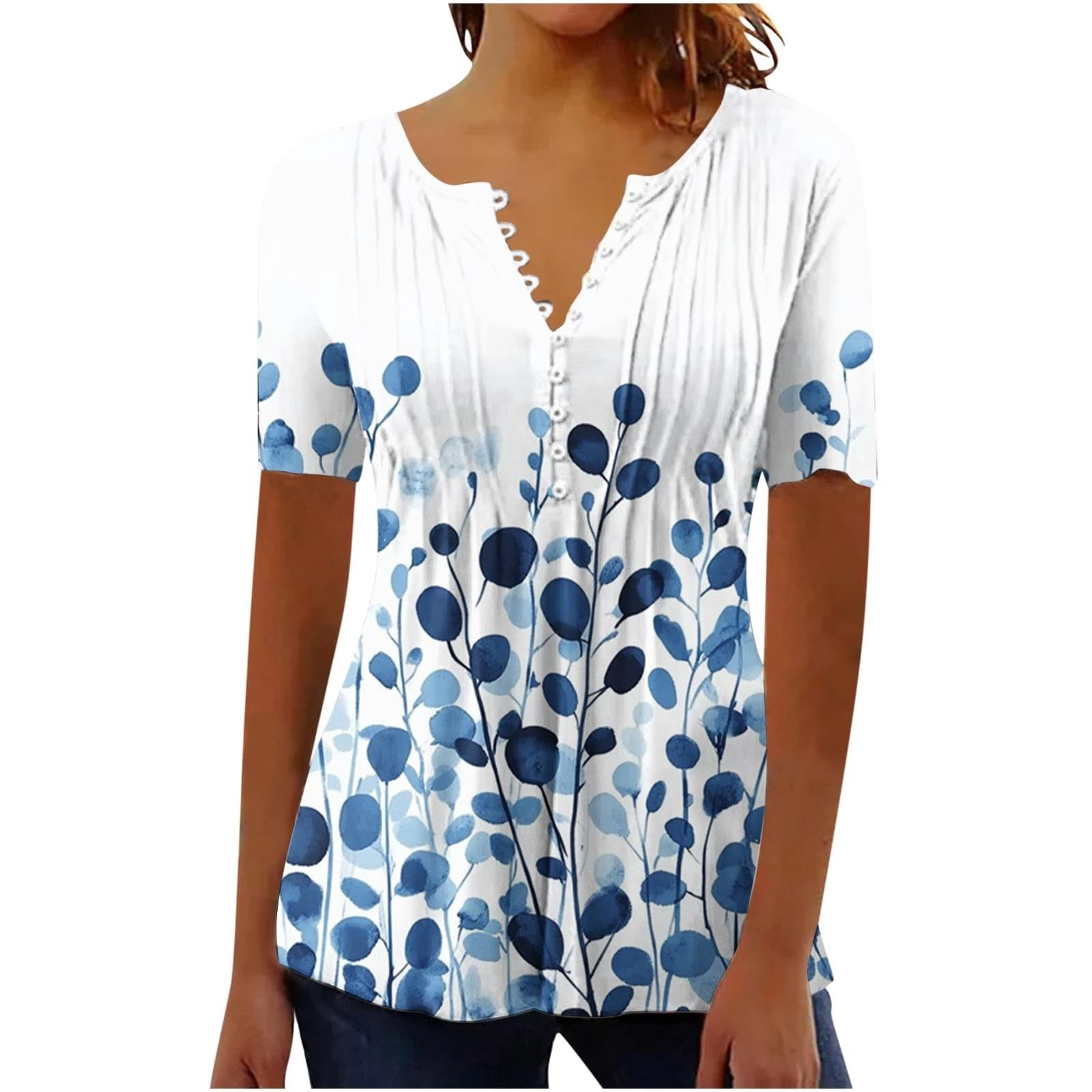 Essentials Womens Tees Tops Basic Shirts Flower Patchwork Half Button V ...