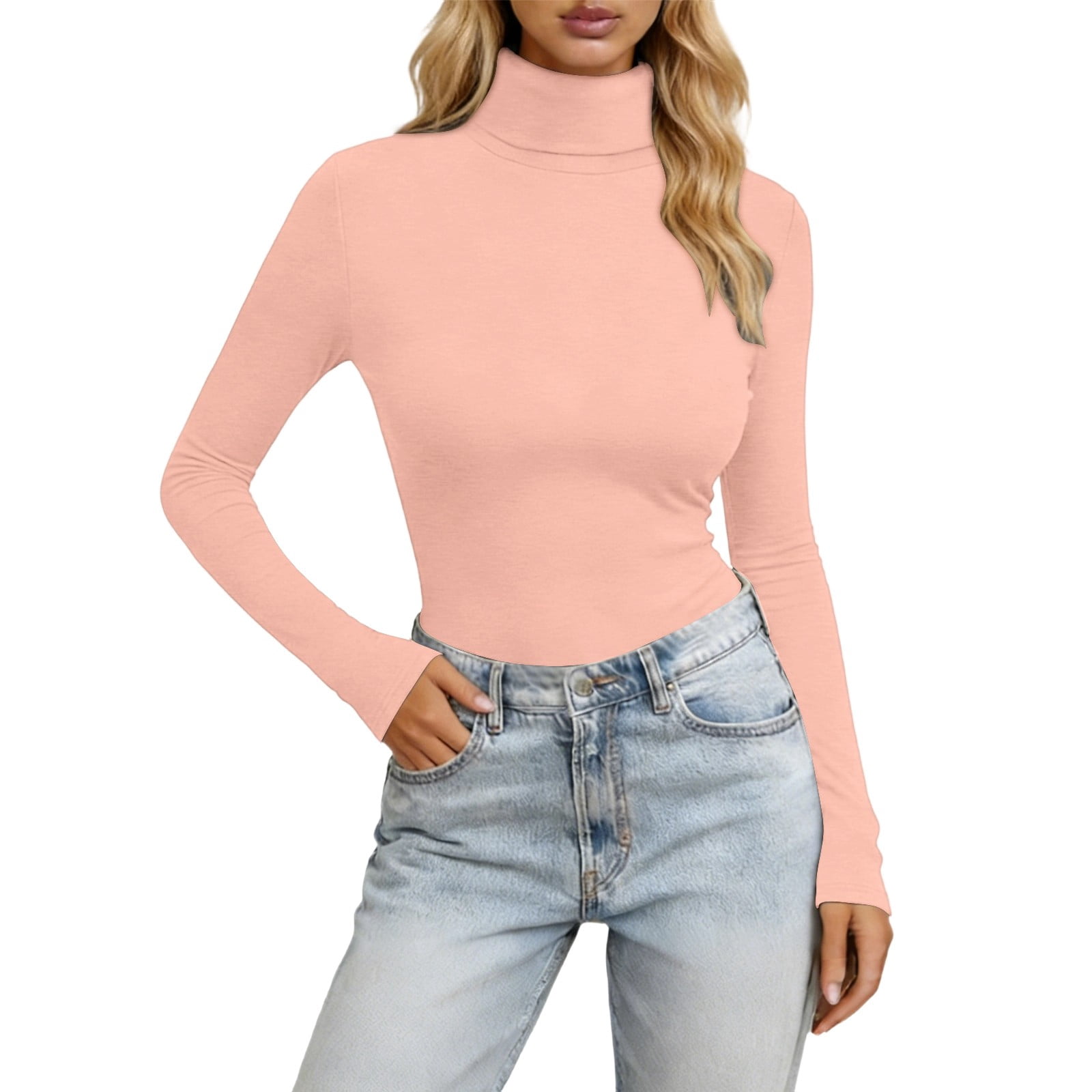 Essentials Womens Tees Tops Basic Shirts Long Sleeve High Neck Slim Fit ...