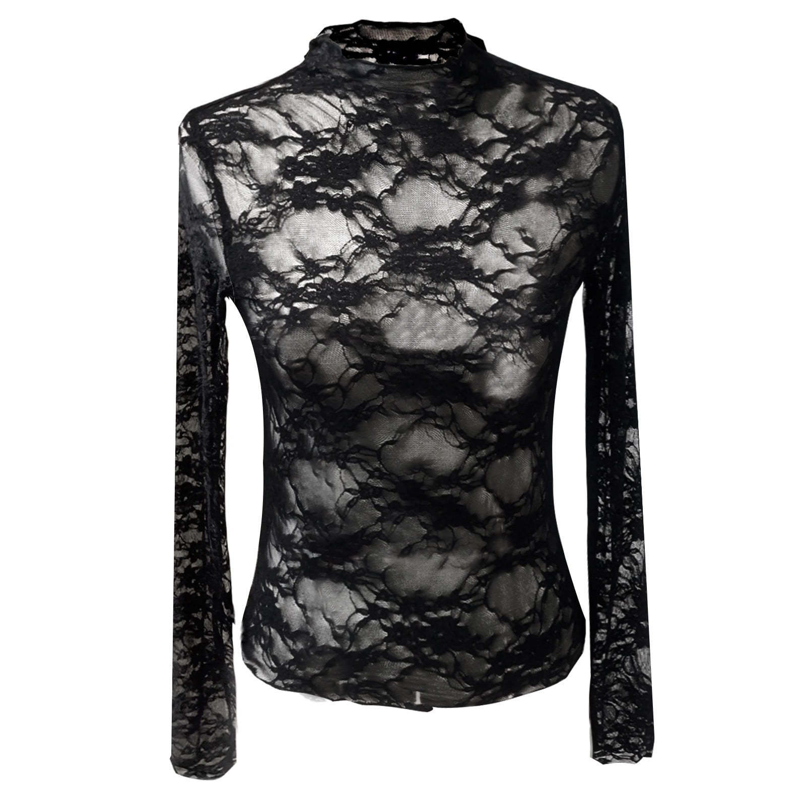Essentials Womens Tees Tops Basic Shirts Mesh Lace Long Sleeve Neck ...