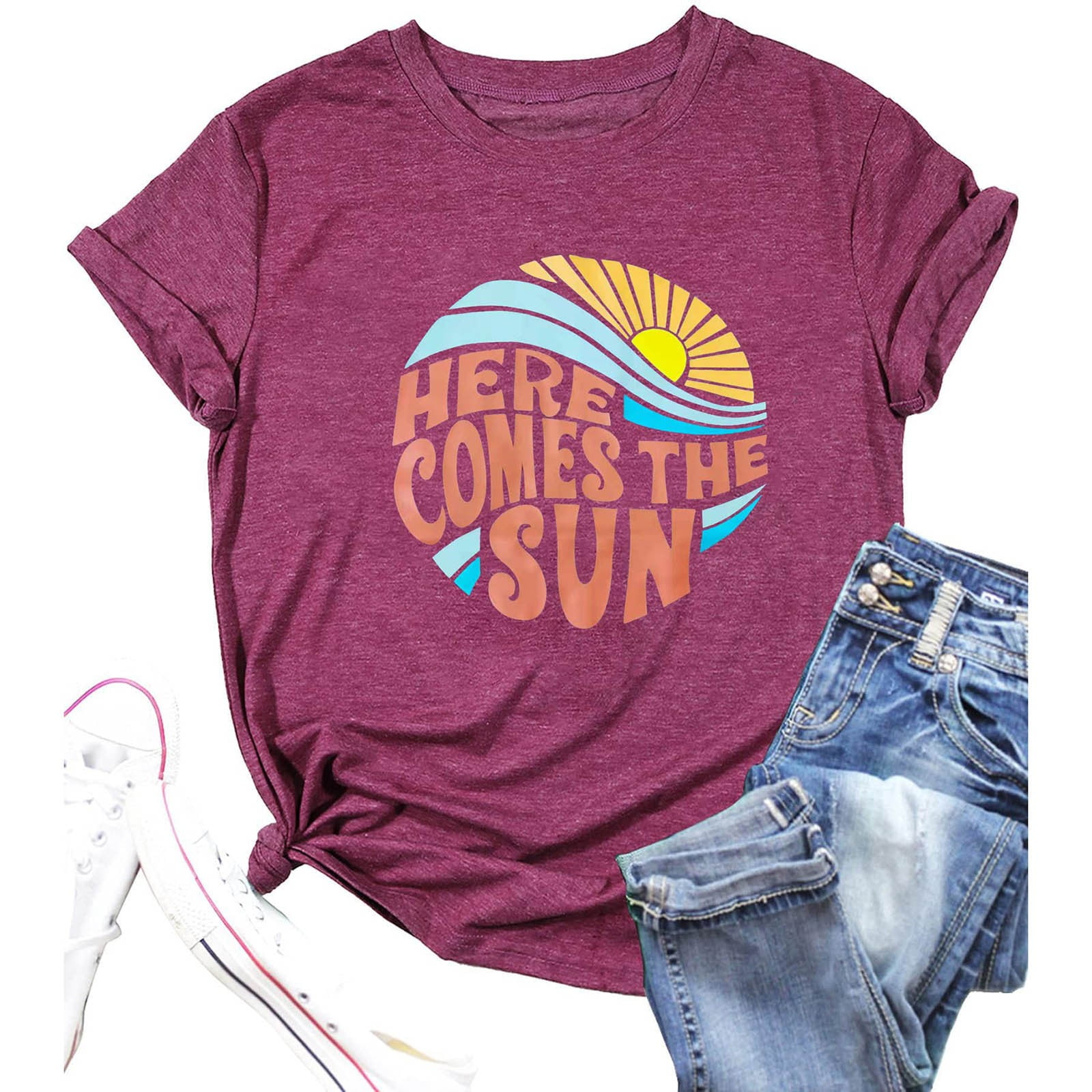 Essentials Womens Tees Tops Basic Shirts Printed Round Neck Solid Color ...