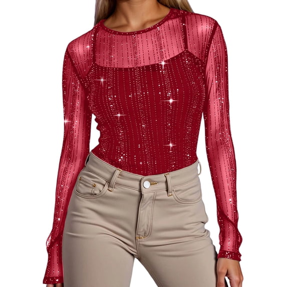 Essentials Womens Tees Tops Basic Shirts Sequin Mesh Patchwork Long ...