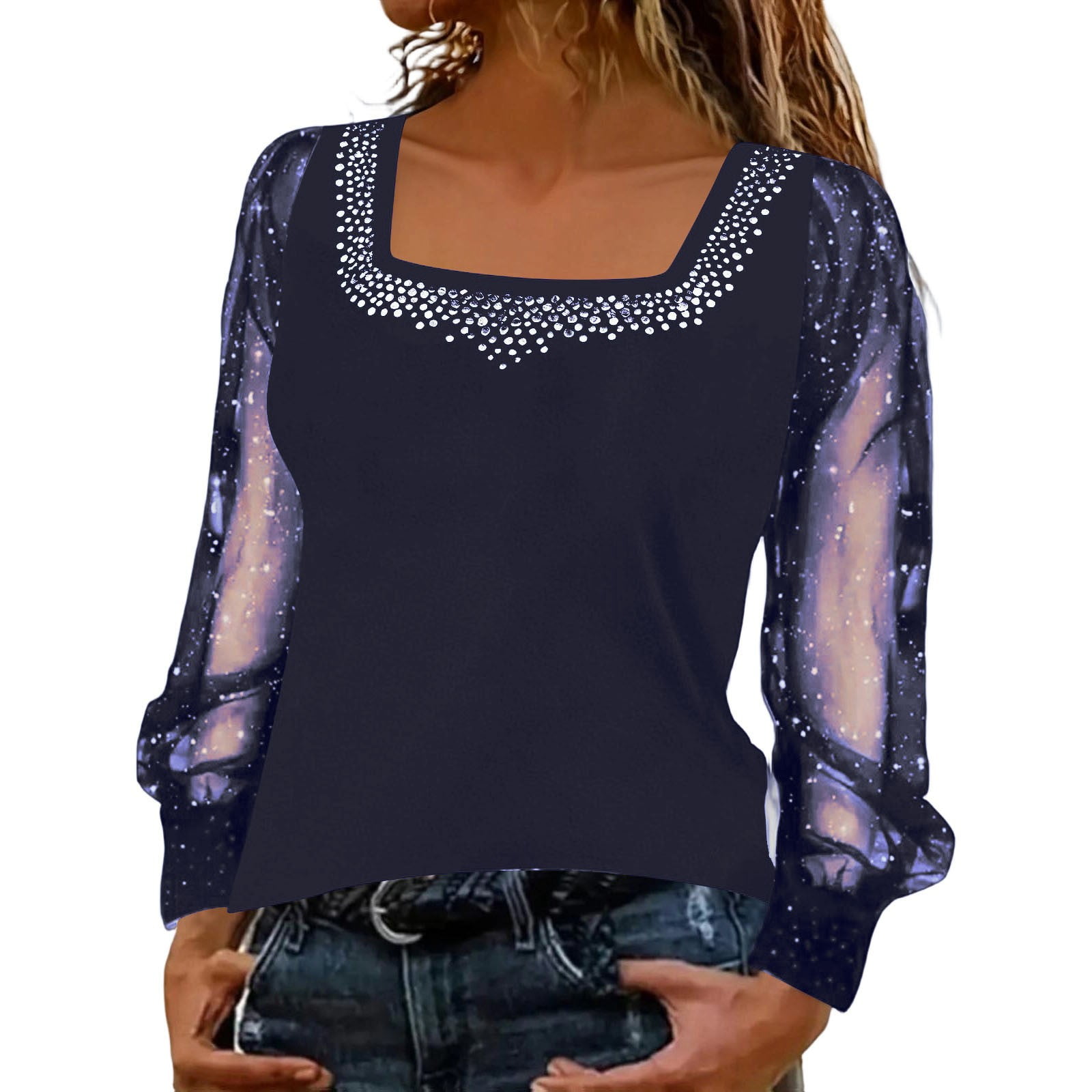 Essentials Womens Tees Tops Basic Shirts Sequin Square Neck Sparkling ...