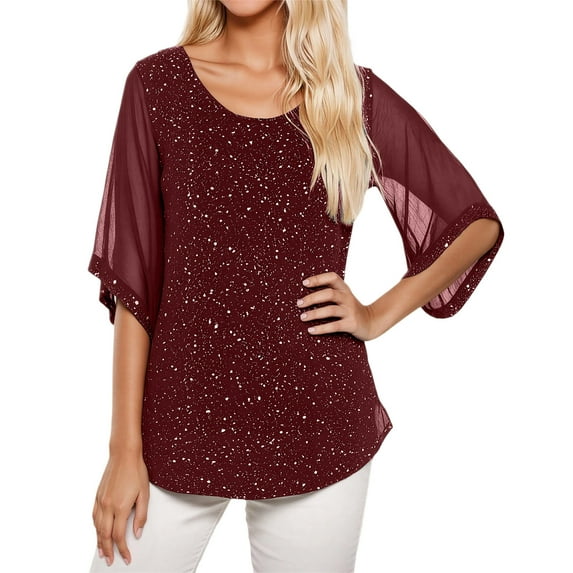 Essentials Womens Tees Tops Basic Shirts Sheer Mesh Patchwork Half ...
