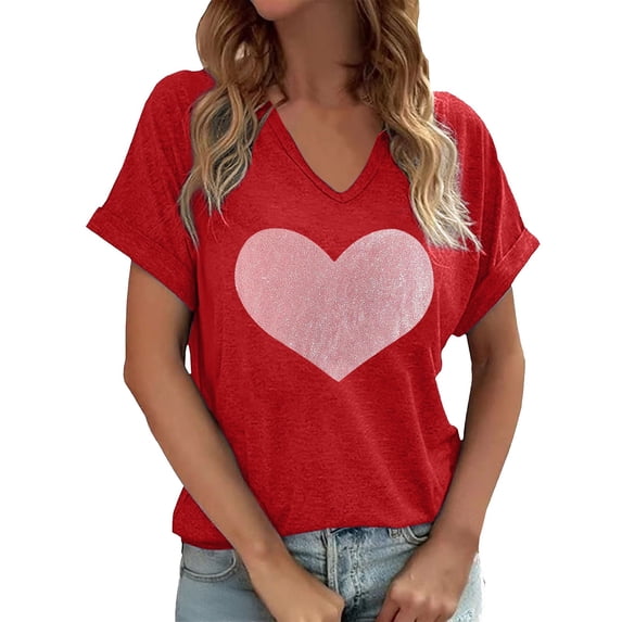 Essentials Womens Tees Tops Basic Shirts Short Sleeve V Neck Heart ...