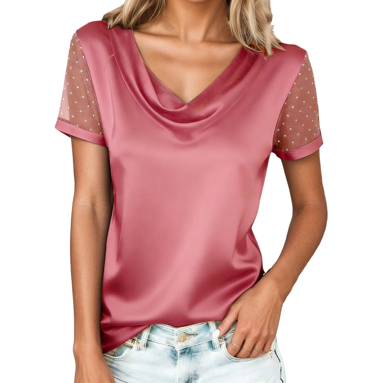 Essentials Womens Tees Tops Basic Shirts Solid Mesh Rhinestone Draped ...